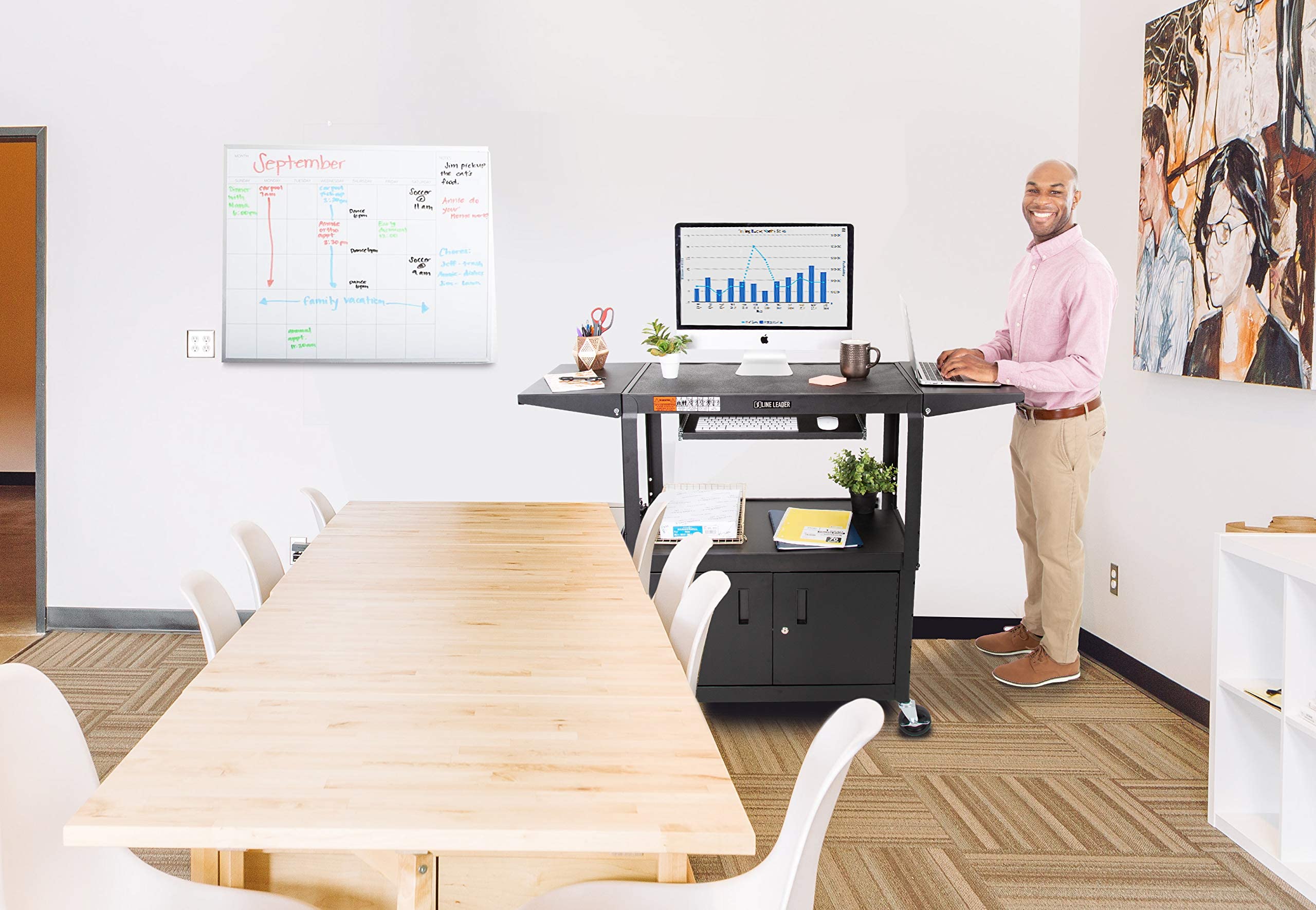 Line Leader Large AV Cart with Locking Cabinet & Drop Leaves, Rolling Height Adjustable Utility Cart with Pullout Laptop Keyboard Tray & Cord Management, Narrow Mobile Workstation (Black, 54 x 18)