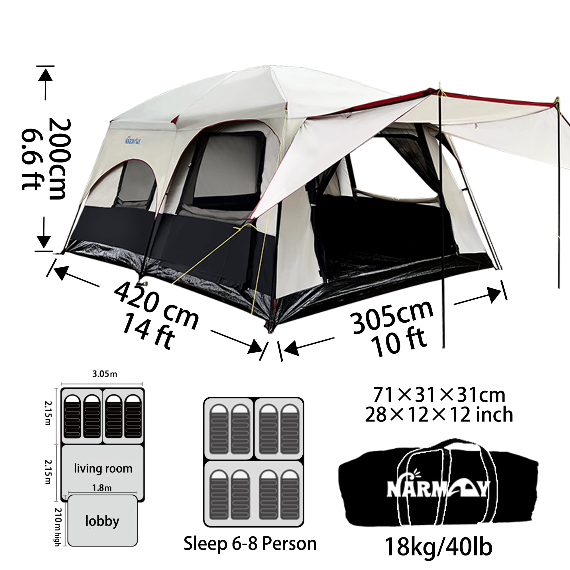 NARMAY® Camping Tent 6-8 Person Family Cabin Tent - 14' x 10' (Black)