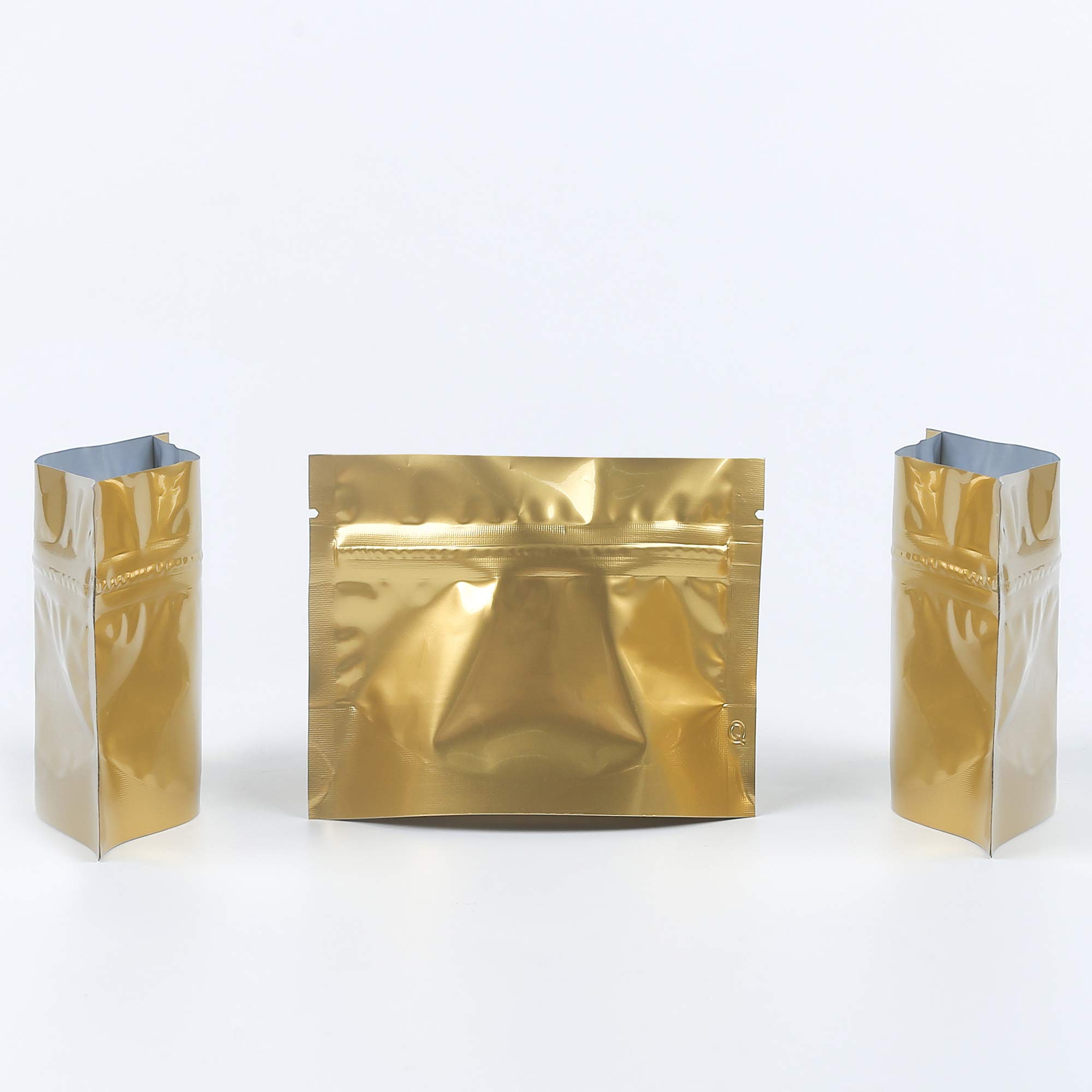 QQ Studio Pack of 100 Double-Sided Glossy Wide Mouth Smell Proof Stand Up Resealable Pouch Bags (Glossy Gold, 6.5x5" (3oz))