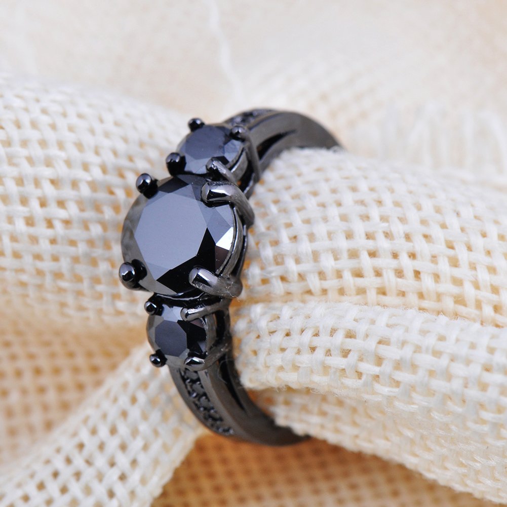 JunXin Round Cut Black Gold Three-stone Diamond Anniversary Ring Black Onyx Size6/7/8/9/10(7)