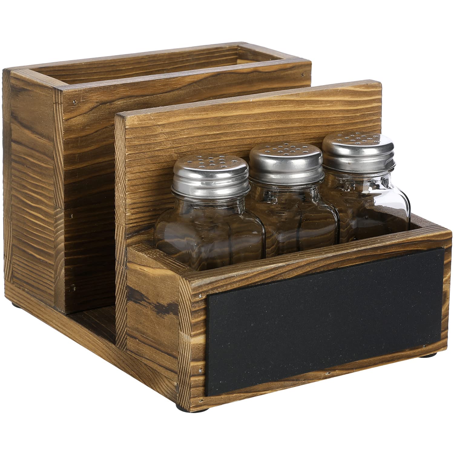 MyGift 4 Piece Set Rustic Brown Solid Wood Napkin and Salt & Pepper Shaker and Flatware Holder Caddy with 4 Compartments, 3 Seasoning Jar Bottles and Chalkboard Label