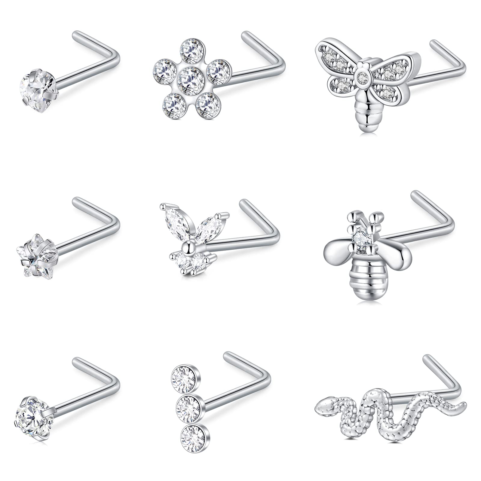 NIUSIMAN Nose Studs L Shaped 18G Nose Rings Butterfly Snake Bee Flower Nose Bar Piercing Stainless Steel Artificial CZ Nose Piercing Jewelry Silver