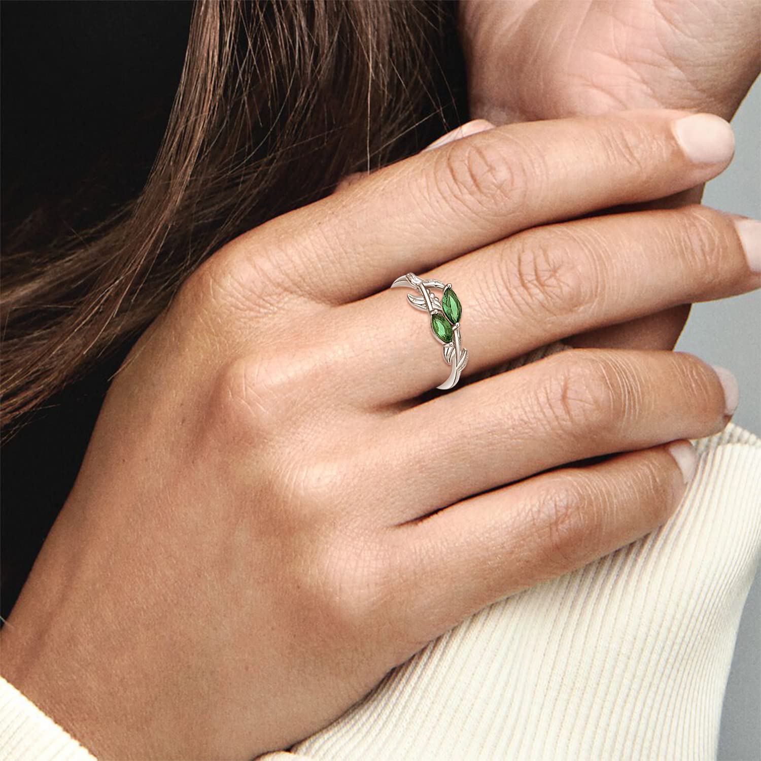 PRAYMOS Leaf Rings 925 Sterling Silver Cubic Green Zircon Adjustable Open Leaf Ring Handmade Jewelry Women's Wedding Engagement Ring