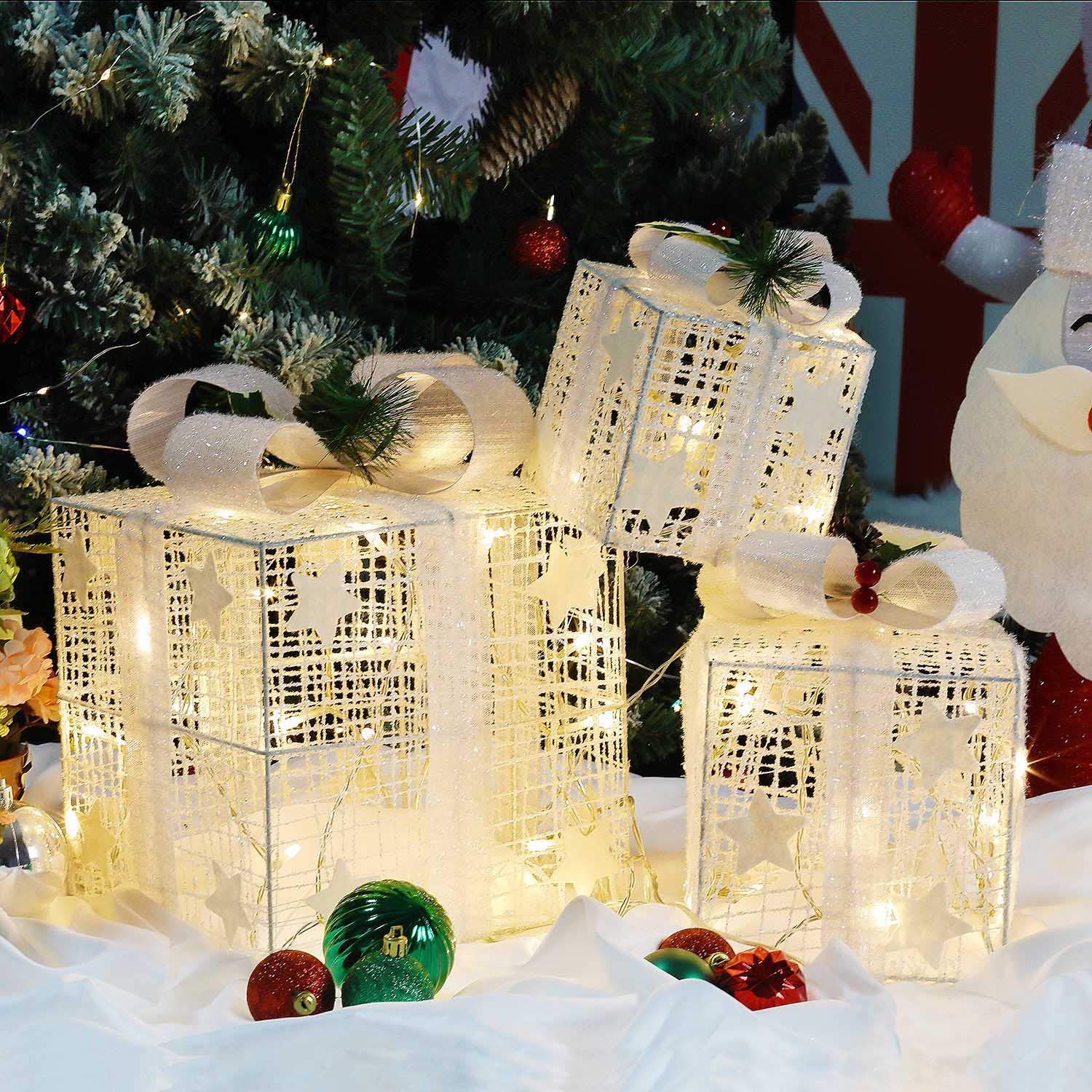 KPROE Set of 3 Christmas Lighted White Silver Gift Boxes Decor Yard Home
