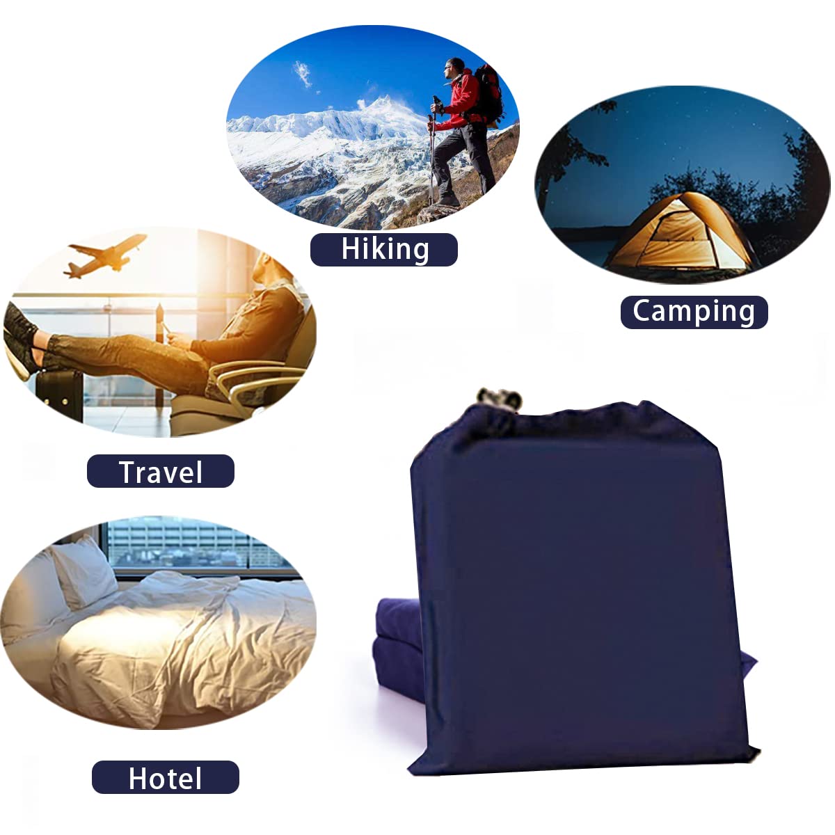 NIUXX Sleeping Bag Liner Camping Travel Bed Sheet with Zipper, Large Breathable Double Sleeping Sack for Backpacking, Hotel Hostels, Lightweight Bed Liner for Outside Travelling (Navy Blue)