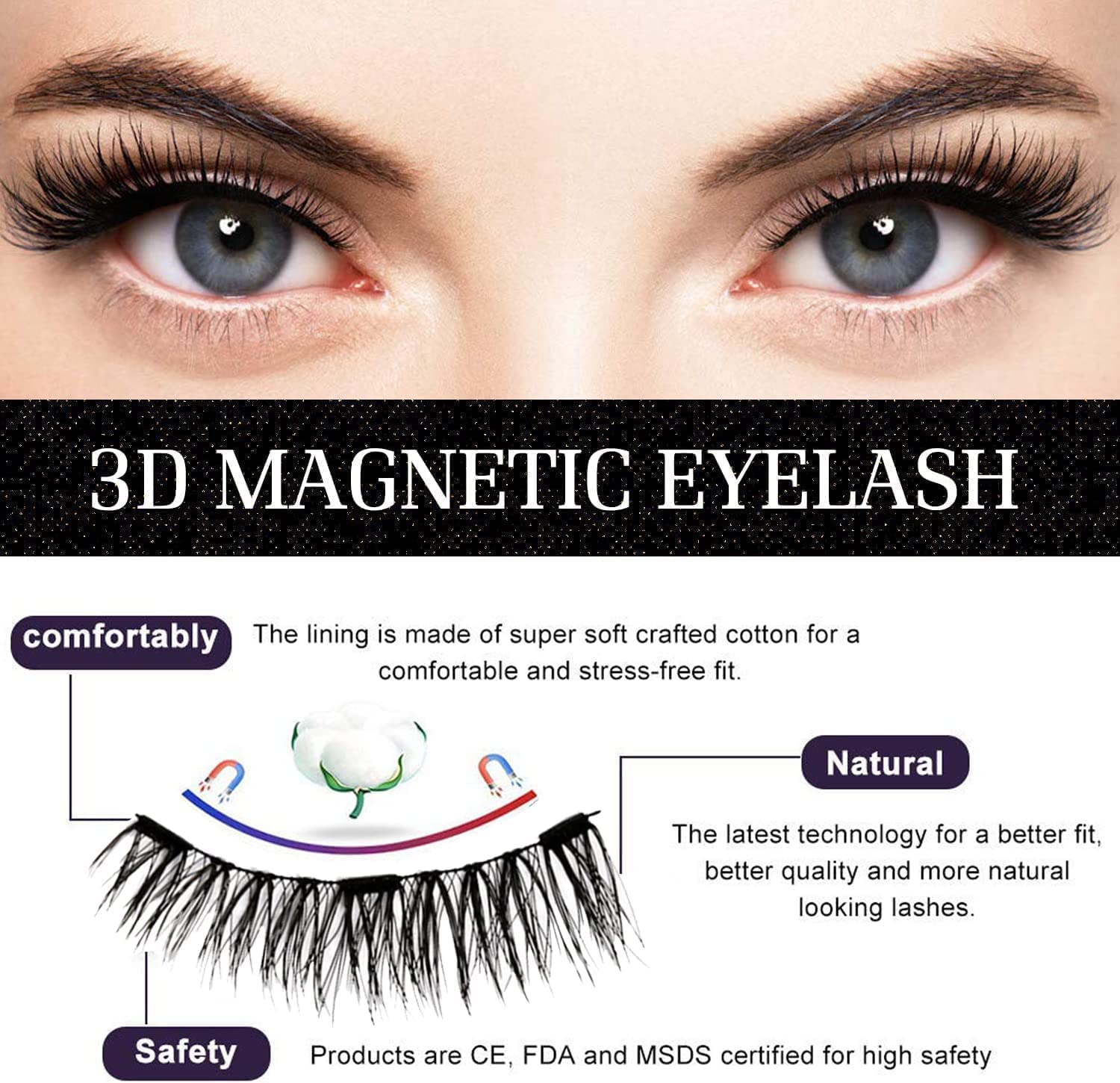 Magnetic Eyelashes without Eyeliner, Reusable Dual Magnetic Eyelashes NO Eyeliner or Glue Needed, Magnets False Eyelashes, Soft 3D Fake Lashes Extension with Tweezers, Natural Look Eyelashes Set