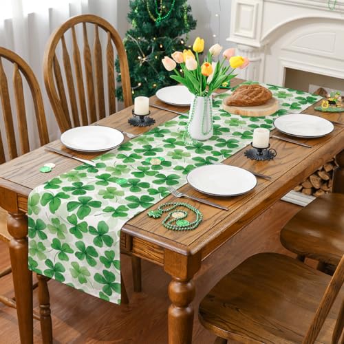 Siilues St Patricks Day Table Runner, Lucky St Patricks Day Decor Green Shamrock Seasonal Spring Holiday Table Decorations for Indoor Outdoor Dining Table Decor (13'' x 72'')