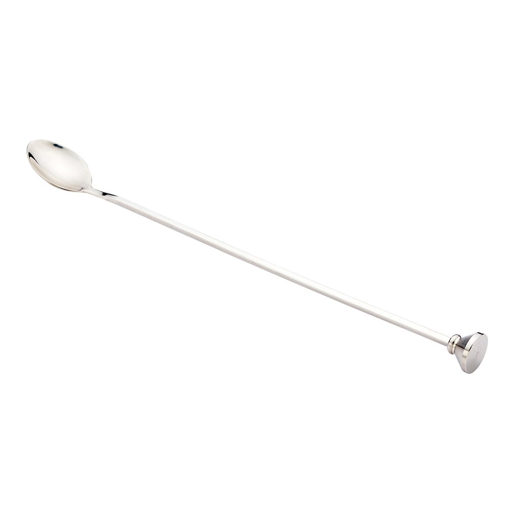 Restaurantware Bar Lux 12 Inch Bar Spoon, 1 Double-Ended Muddler Spoon - Long, Spiral Handle, Silver Stainless Steel Bar Spoon & Muddler, For Stirring & Mixing , For Layering Drinks