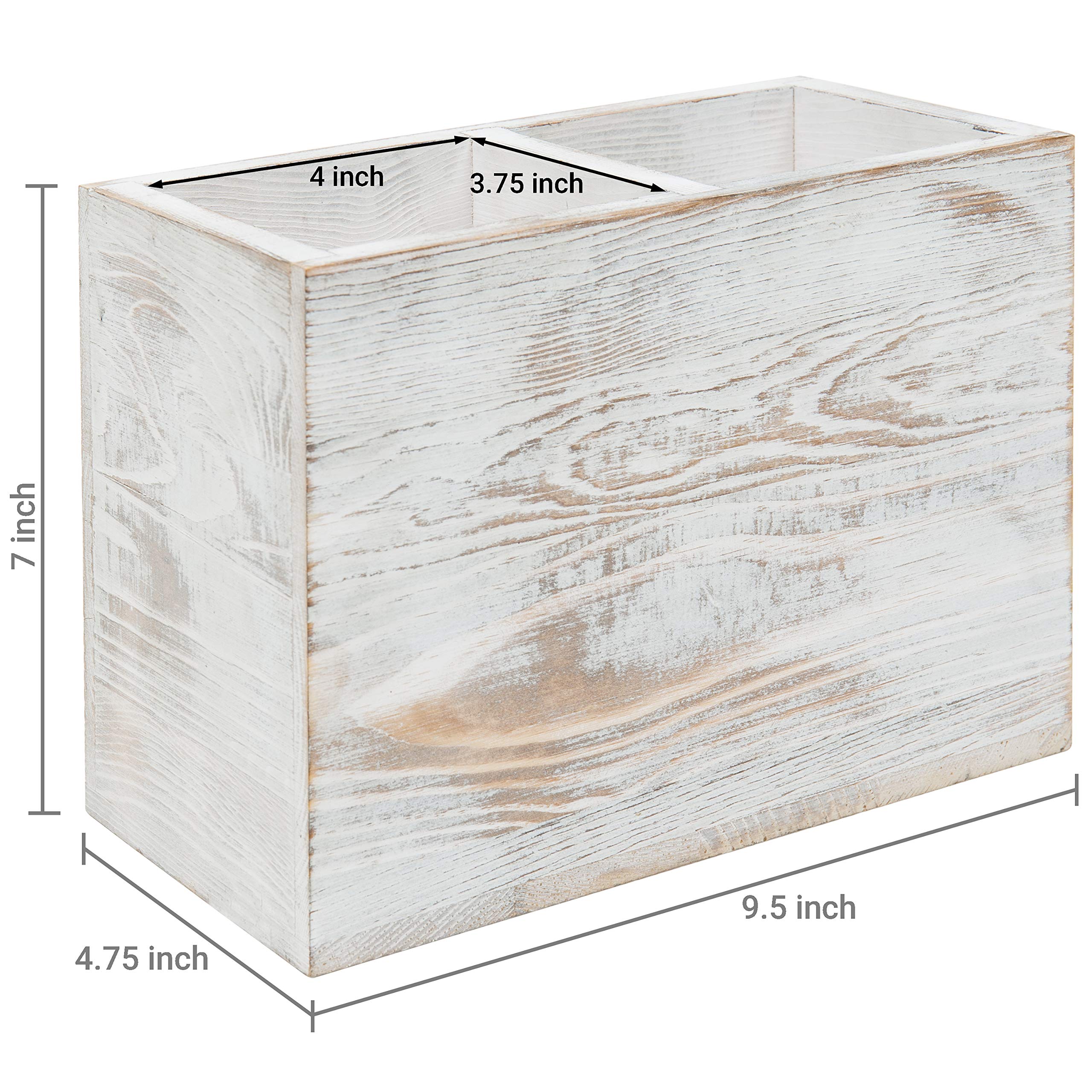 MyGift Whitewashed Wood Kitchen Utensil Holder Organizer, Countertop Flatware Silverware Cooking Utensil Crock Storage Caddy with 2 Compartments