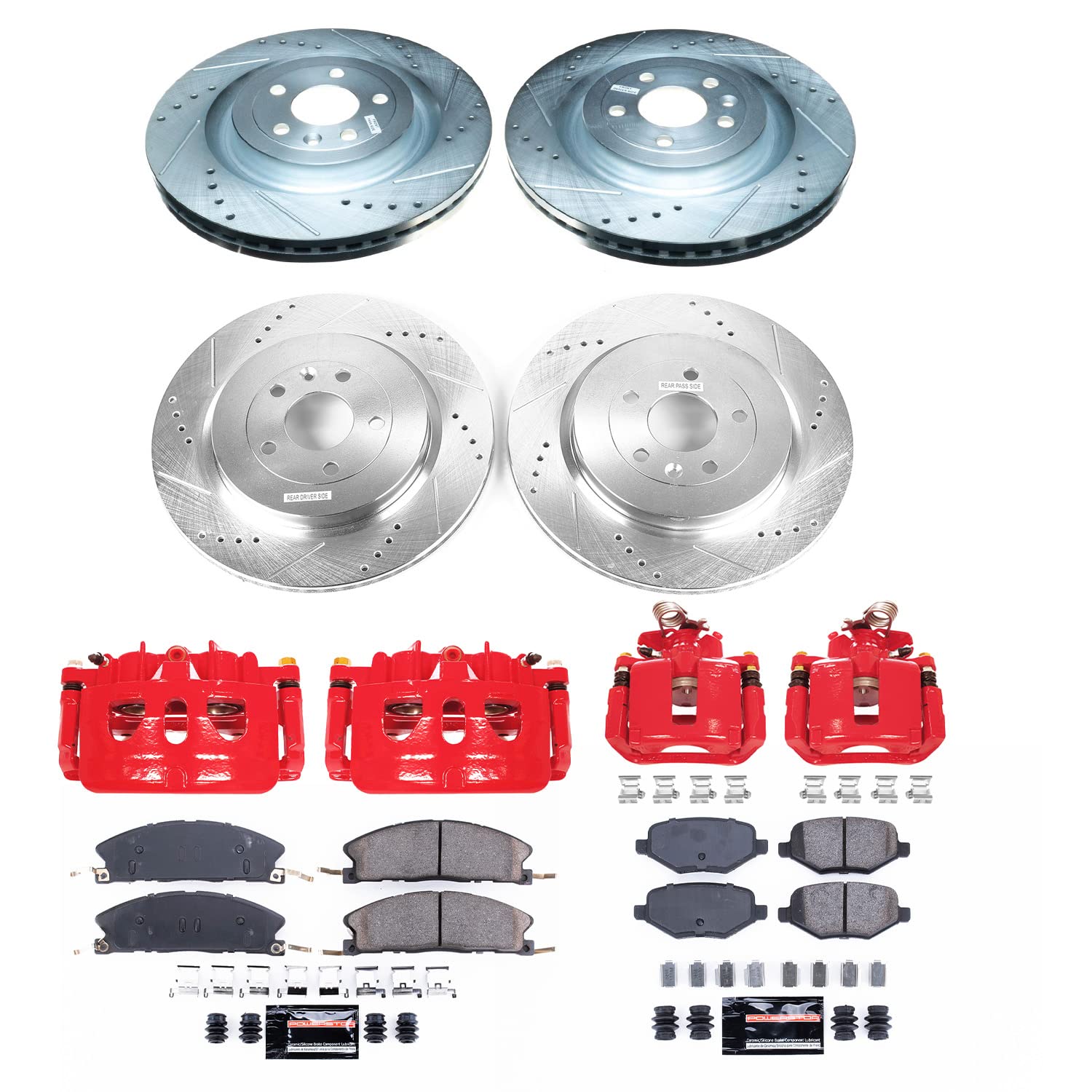 Power Stop Front and Rear KC8972Z23 Daily Driver Brake Pad and Rotor Kit with Red Powder Coated Calipers