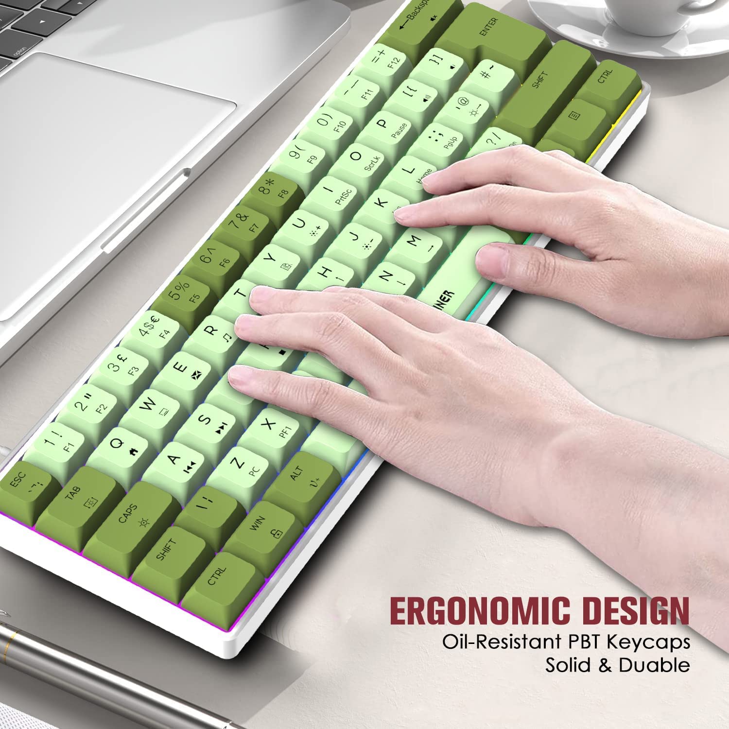 Small Mechanical Gaming Keyboard Type-c Wired with PBT Dye-subbed Keycaps Rainbow RGB Backlit 60% Layout Full Anti-Ghosting 62 Key Ergonomic for Typist Laptop PC Mac Gamer (Green Mix/Red Switch)