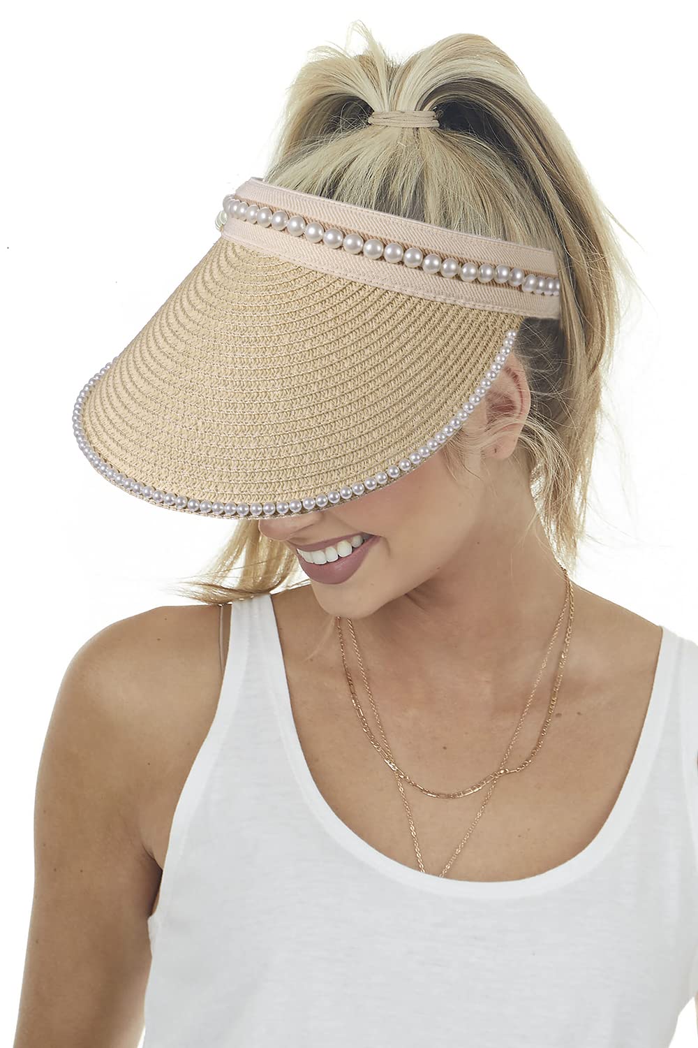 NLCAC Sun Visors for Women Pearl Straw Visor Hat Wide Brim Clip On Visor Summer Beach Straw Sun Hat Travel Accessories Beige