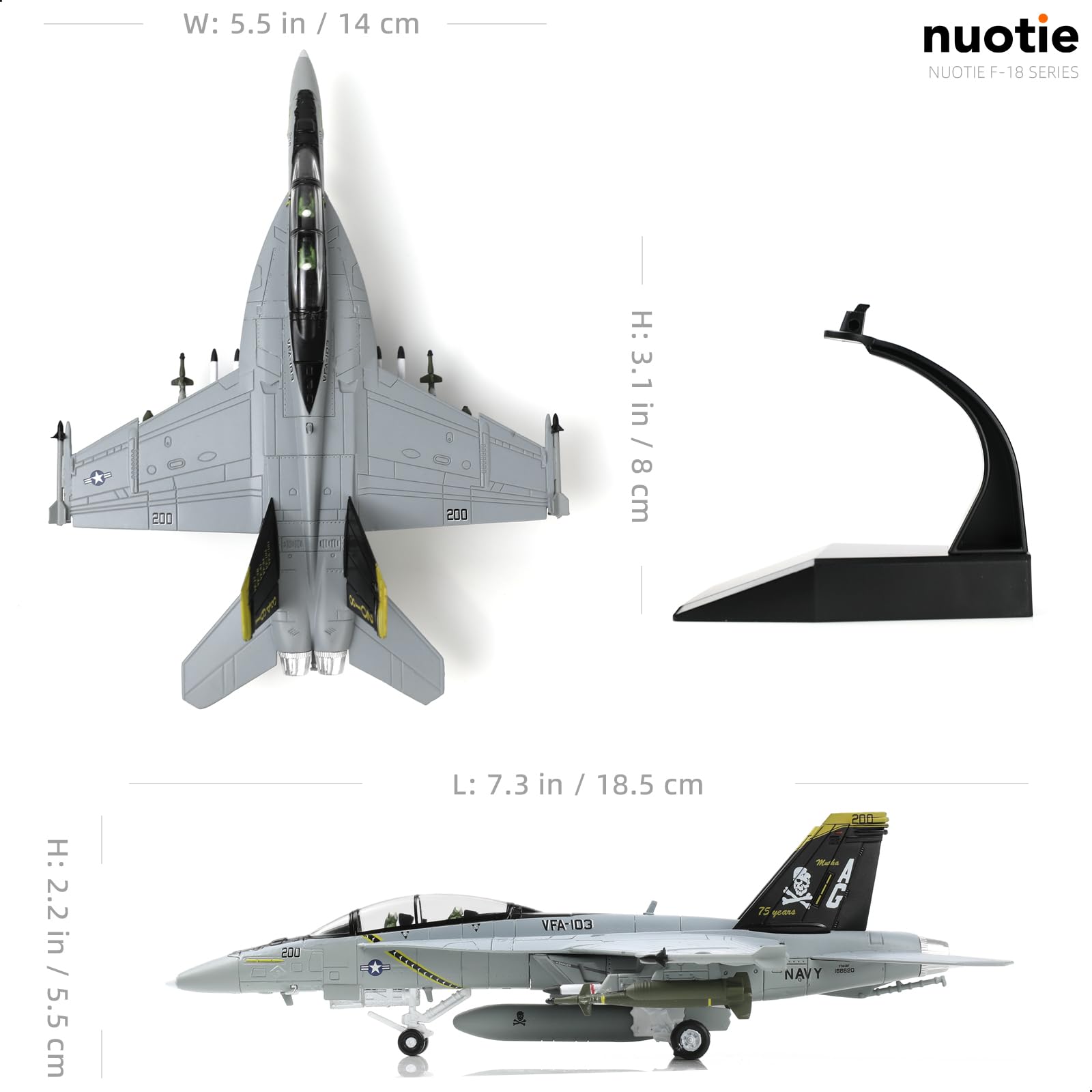 NUOTIE 1/100 F/A-18 Super Hornet Diecast Metal Fighter Jet Model Kits Pre-Build Replica 1943-2018 Jolly Roger Livery Military for Display Collection or Gift