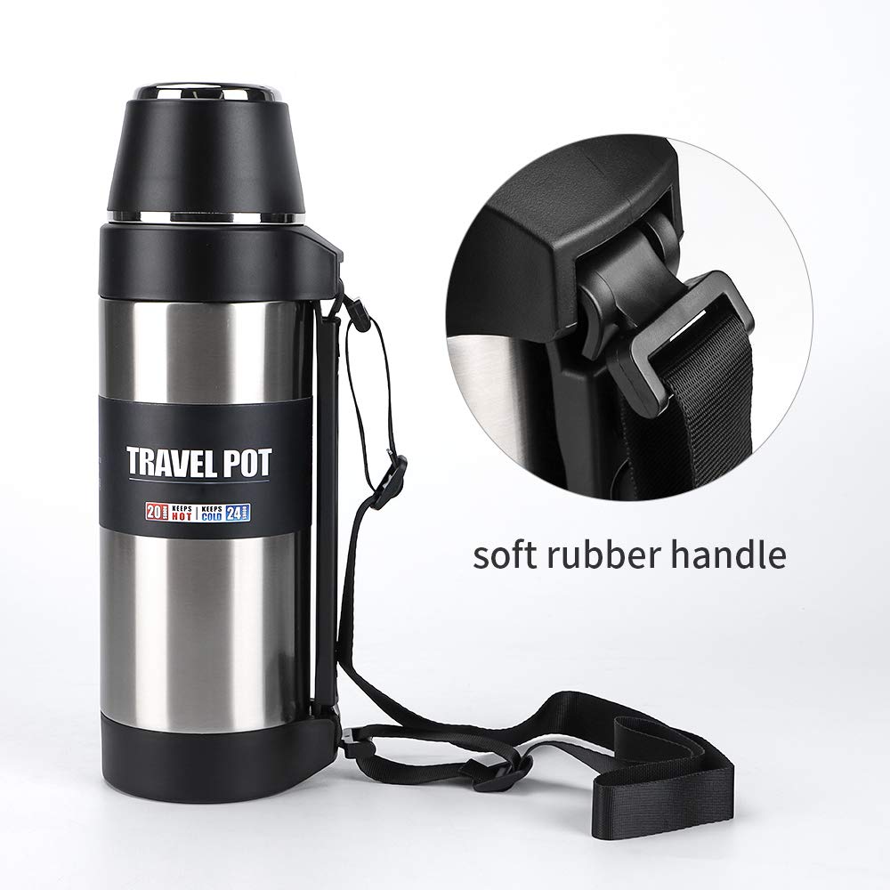 MUCR Stainless Steel Thermoses with Cup β 53 oz Double-Wall Vacuum Insulated Water Bottle for Travel β Large Coffee Thermoses with Handle β Keeps Liquid Hot or Cold, Leak Resistant,Silver