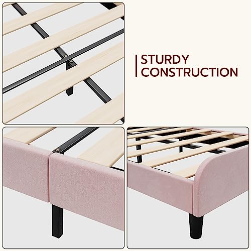 IKIFLY Velvet Upholstered Full Size Bed Frame - Button Tufted Full Platform Bed with Adjustable Headboard, Solid Wood Slats Support, No Box Spring Needed, Easy Assembly - Pink
