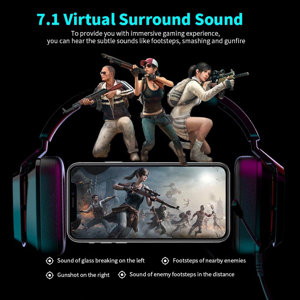NACODEX AX368 Wired Pink Gaming Headset with Microphone - 7.1 Stereo Surround Sound - Volume Control - Adjustable Headband Noise Canceling Over Ear Headphones RGB Light for PC Laptop