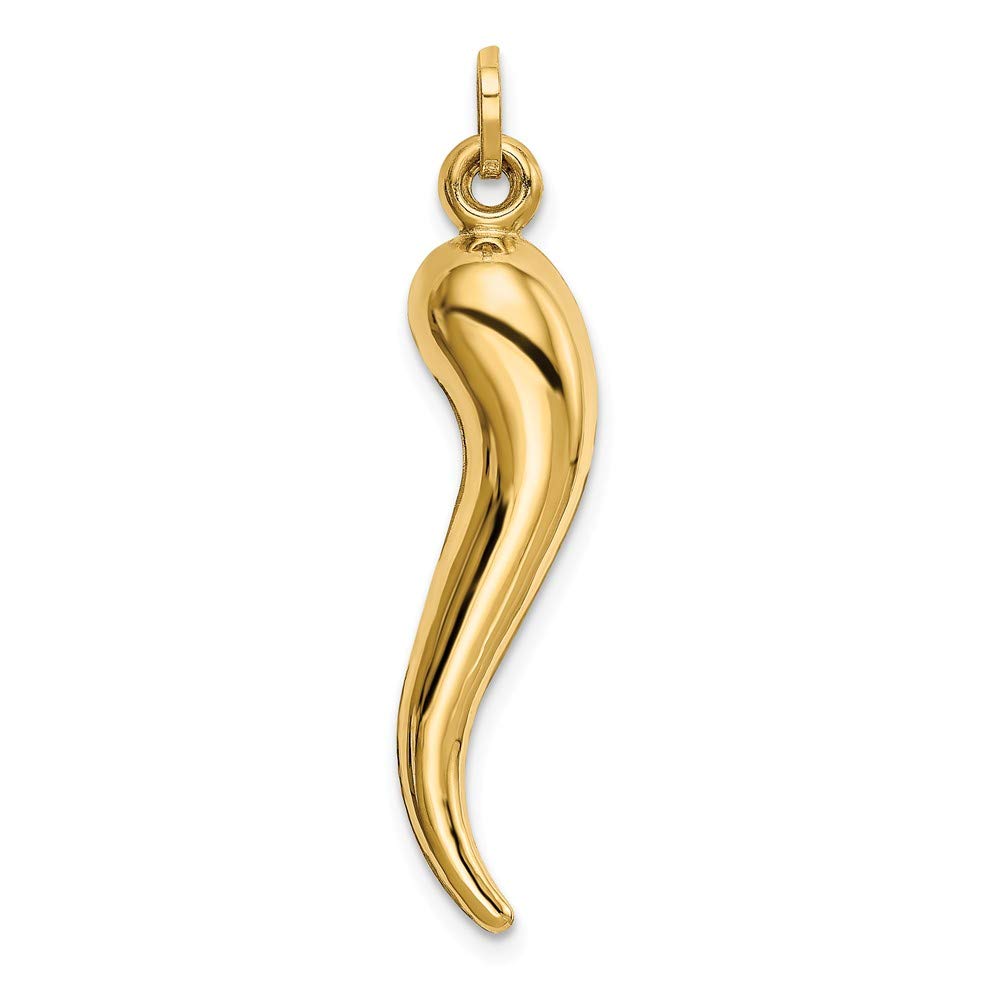 Jewelry Pilot 14K Yellow Gold Large Classic Cornicello Italian Horn Charm Pendant 40mm Tall and 8mm Wide