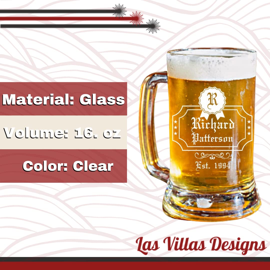Personalized 16.oz Beer Mug | Badge Design | Clear Glass | Custom Made | Perfect for wedding gifts, anniversaries, birthday gifts, home warming gifts or graduation