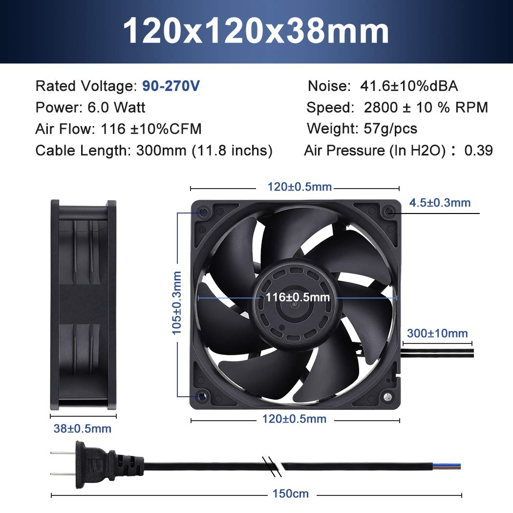 Wathai EC Industrial Case Fan 120mm x 38mm Ball Bearing AC 110V 115V 120V 220V 240V Brushless Cooling Fan