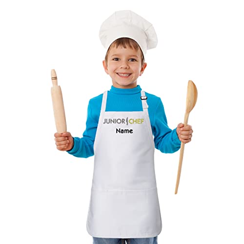 PLACE4PRINT Personalized Junior Chef Kids Set Apron with Hat β Custom Customized Kitchen Apron for Cooking Backing Grill Grilling BBQ - Any Name Design β Great Masterchef Gift