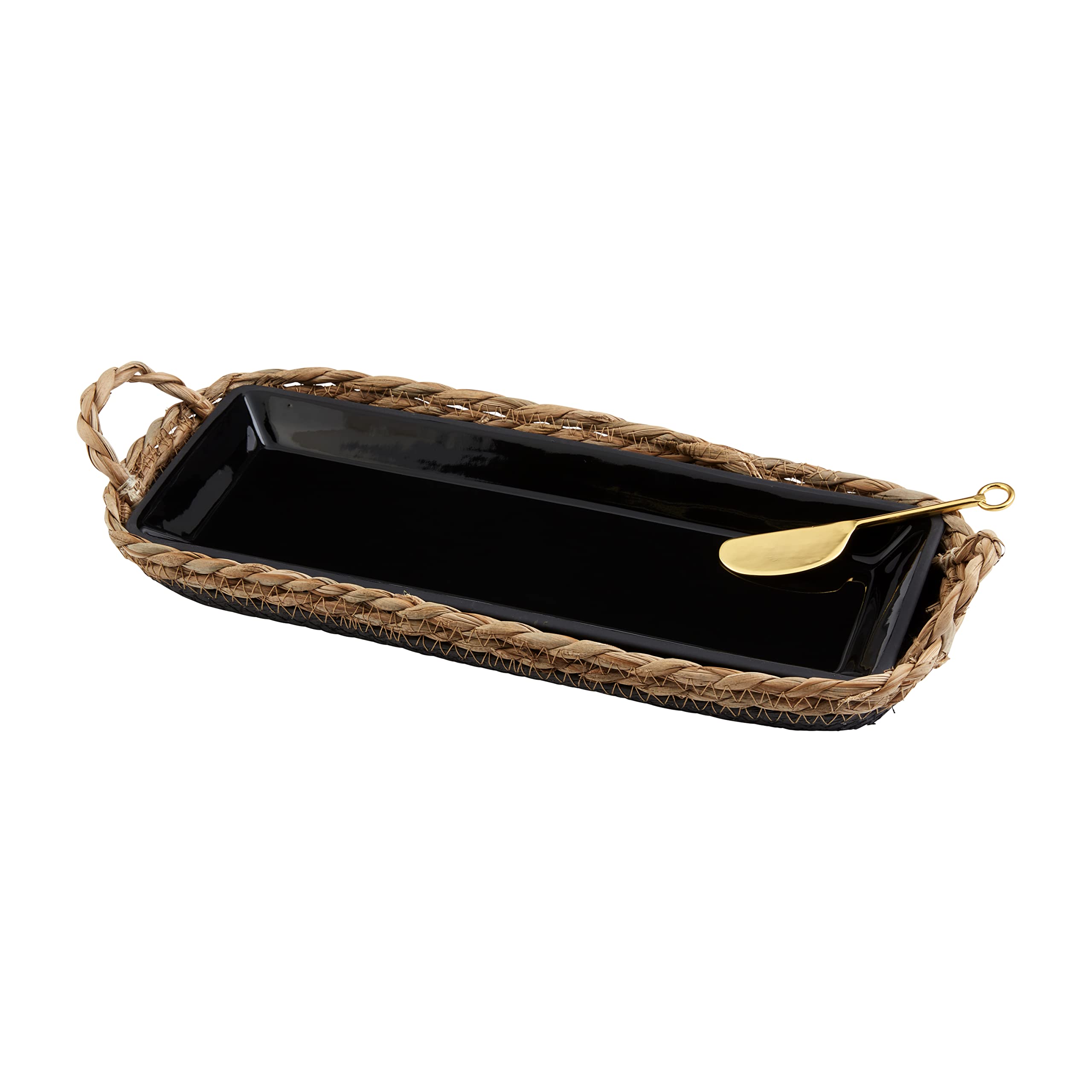 Mud Pie Black Woven Tray Platter Set, 5" x 13" | Basket 6" x 14" | Spreader 5 1/2"