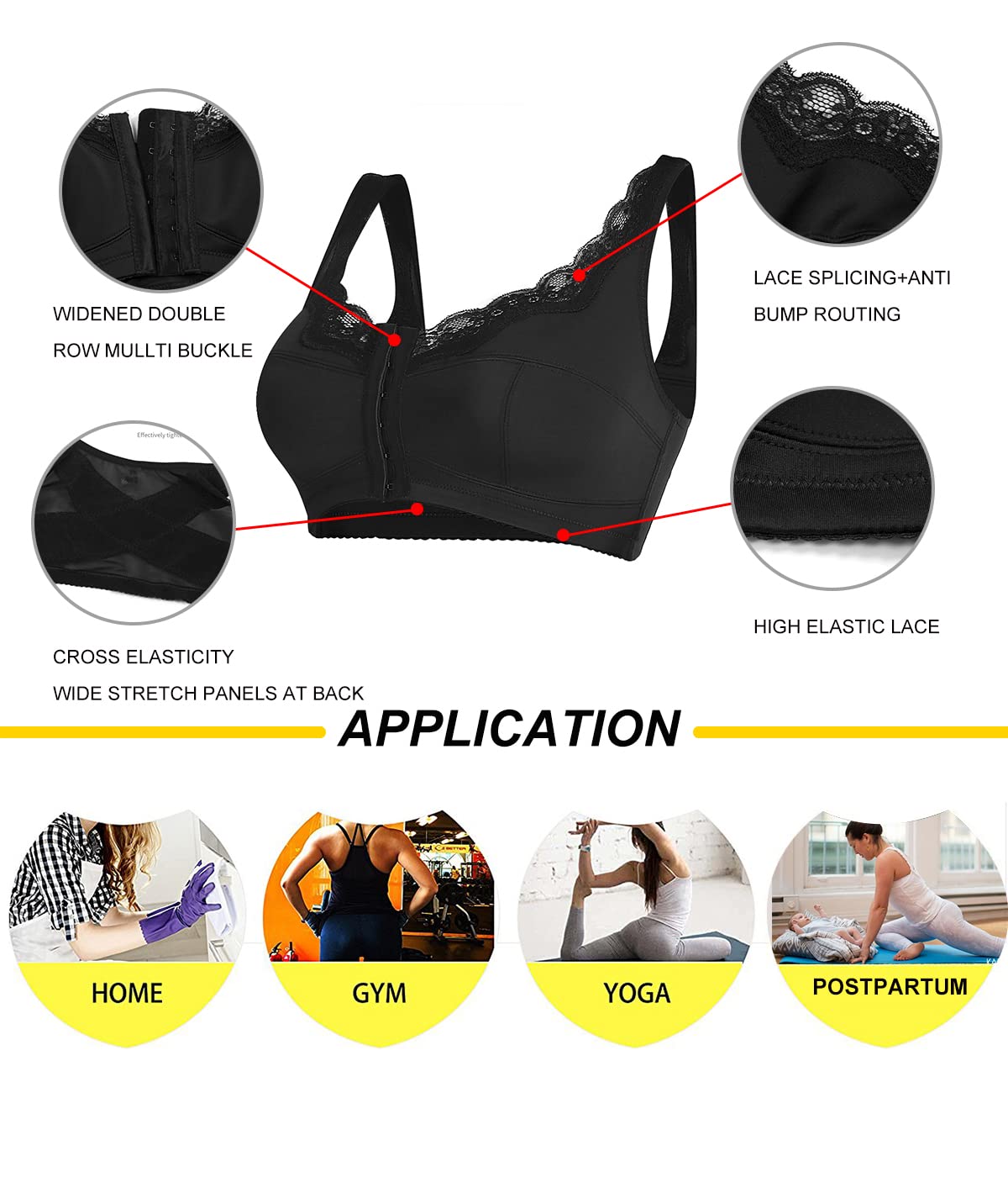 NonEcho Women Front Closure Sports Bra Push Up Yoga Bras Workout Gym Bra Top