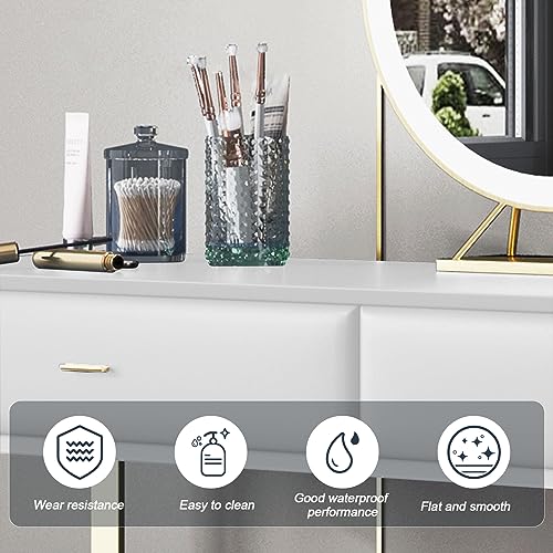 IKuinen Makeup Vanity - Vanity Set with Mirror and Lights, Women Dresser Table with Multifunctional Nightstand, 4 Drawer, Leather Wrapped, Stool, Minimalist and Stylish Dressing Table - 47.2In/White
