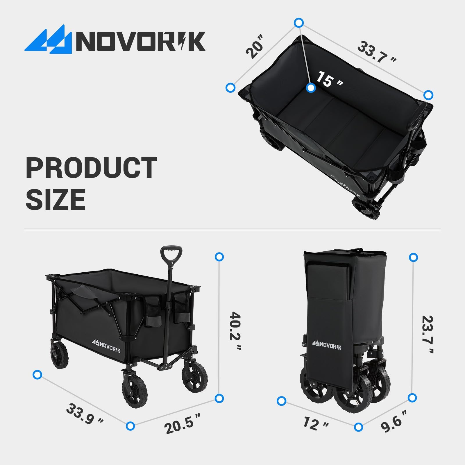 NOVORIK Collapsible Foldable Wagon Black, Folding Outdoor Utility Wagon 330lbs Weight Capacity, with All Terrain Wheels, Cup Holders, Adjustable Handle, Heavy Duty Cart for Camping, Shopping