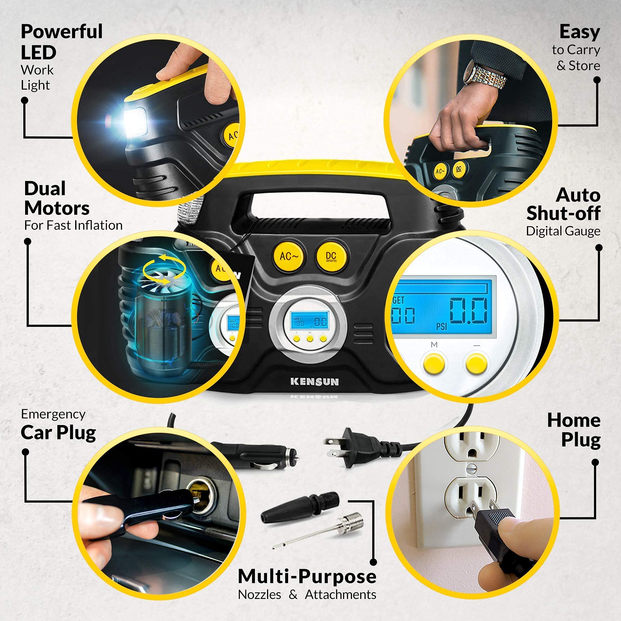 Kensun AC/DC Tire Inflator Pump for Car 12V DC and Home 110V AC Swift Performance 2.0 Portable Air Compressor Pump for Car and Home