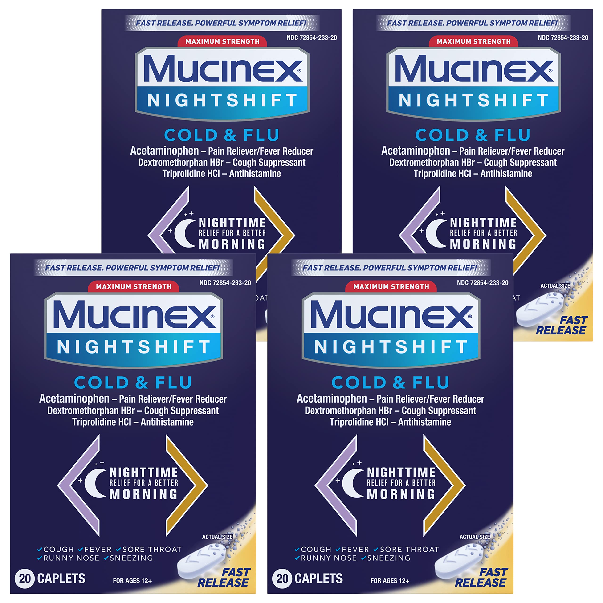 Mucinex Nightshift Cold & Flu - Caplets - 20 ct (Pack of 4)