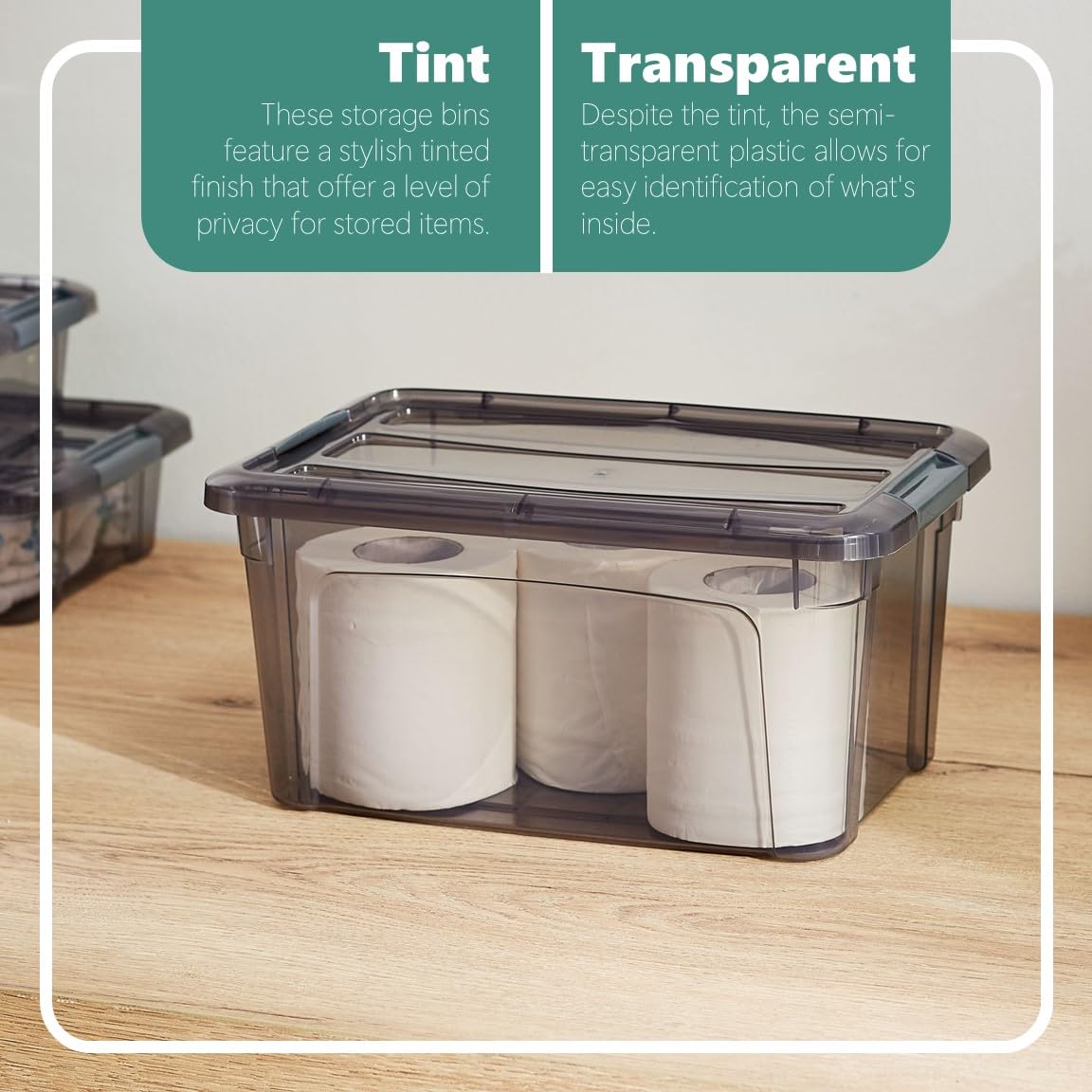 Tribello 6 Quart Storage Containers with Lids, Plastic Storage Bins with Latching Lids For Organizing - Tinted - (11.5β x 8β x 6β) - Set of 4 - Made in EU