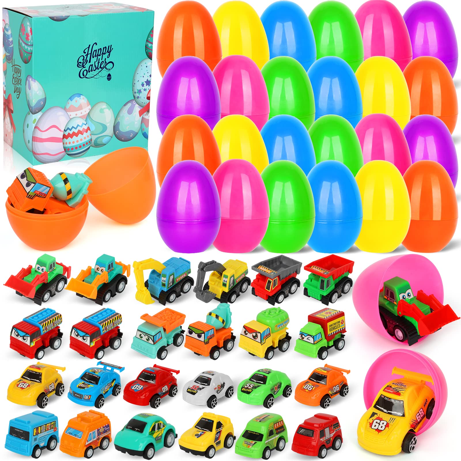 RAMXCION 24 Pack Easter Eggs Prefilled with Pull Back Cars Toy, Easter Egg Filled with Vehicle Toys for Easter Hunt Party Favor, Easter Basket Fillers, Classroom Activity for Kids (24 Pack)