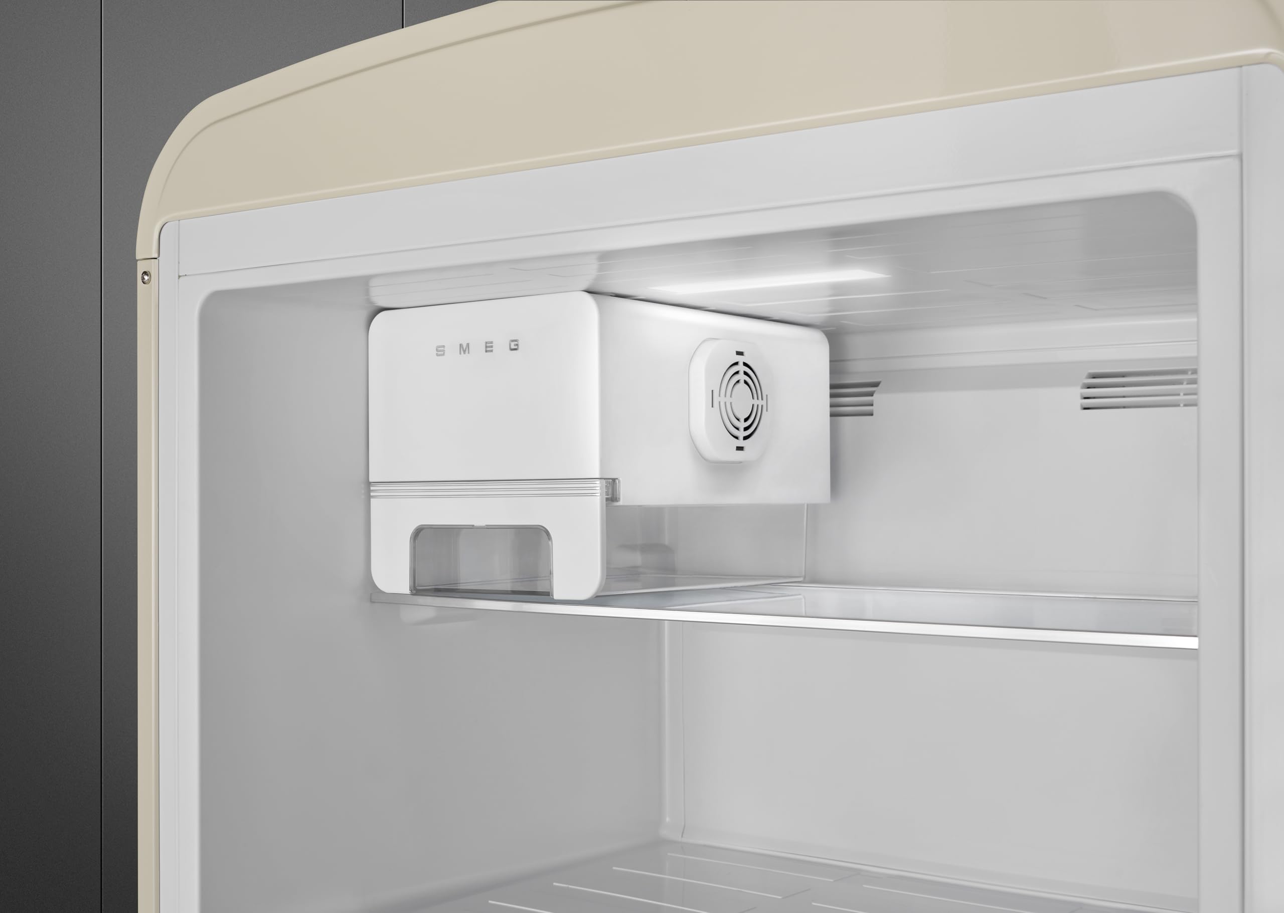 Smeg FAB50 50's Retro Style Aesthetic Top Freezer Refrigerator with Ice Maker 19.28 Cu Total Capacity Multiflow Cooling System Adjustable Glass Shelves Left Hand Hinge Cream Made In Italy