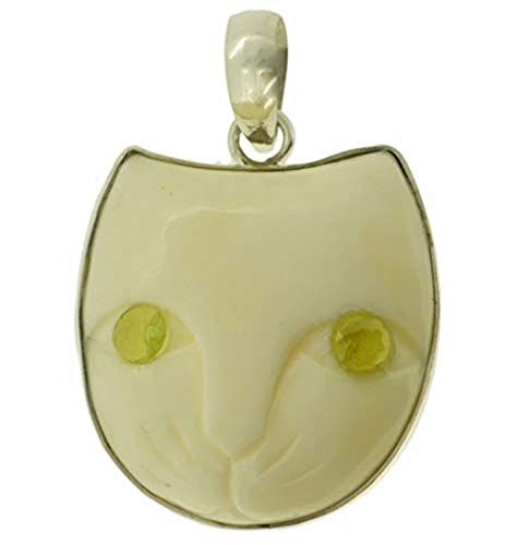 Jewelry with Soul Cat Pendant Green Peridot Eyes Necklace Bali 925 Sterling Silver