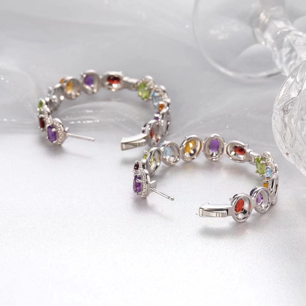 Natural Garnet Peridot Sky Blue Topaz Citrine Amethyst 925 Sterling Silver Gem Jewelry Gift Hoop Earrings for Women