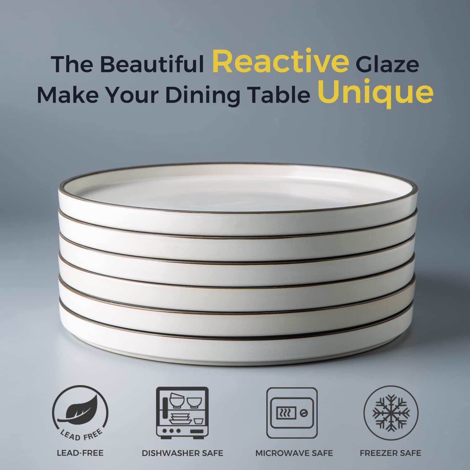 LERATIO Dinner Plates,10.75 Inch Ceramic Flat Plates Set of 6,High Edge Modern plates for Kitchen,Microwave & Dishwasher & Oven Safe, Scratch Resistant Dishes Set-Matte Off White