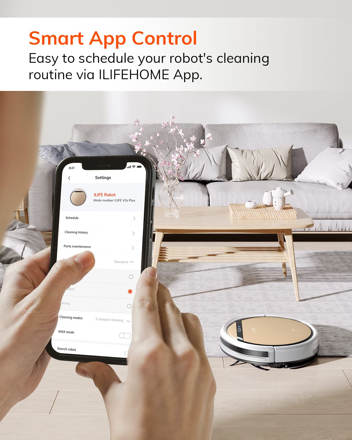 ILIFE V5s Pro Robot Vacuum and Mop Combo, Slim, Automatic Self-Charging Robot Vacuum Cleaner, Daily Schedule, Ideal for Pet Hair, Hard Floor and Low Pile Carpet.