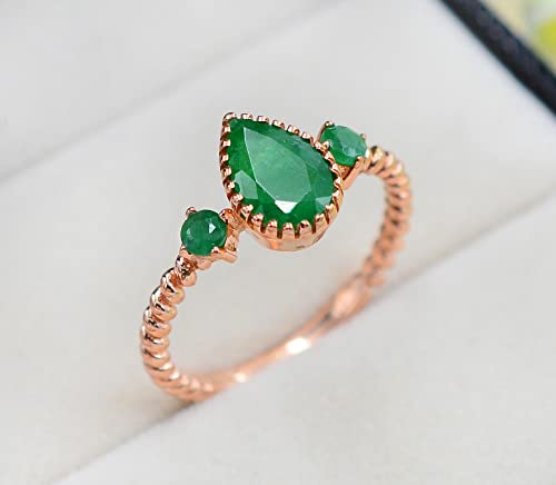 Natural Green Emerald 6X9 MM Pear Cut May Birthstone Gemstone 925 Sterling Silver Three Stone Cluster Unisex Ring For Wedding Gift (Rose Gold Rhodium Plated Silver, 7)