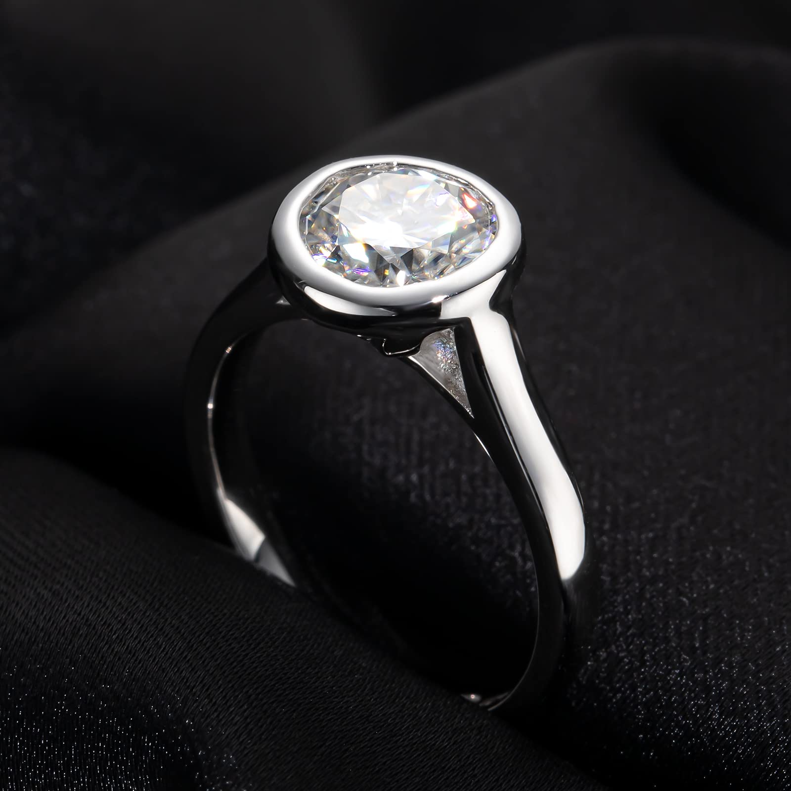 Raivari Moissanite Engagement Rings,2 CT Bezel Setting Round Lab Created Diamond Solitaire Promise Rings in 14K White Gold Plated Sterling Silver, Anniversary Rings for Women7