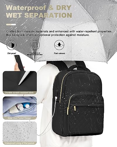 livbote Light Flight Travel Laptop Backpack Women, Mochilas para Mujer, Nurse Quilted Backpack, Water-repellent Small Backpack with USB Charging Port, Black