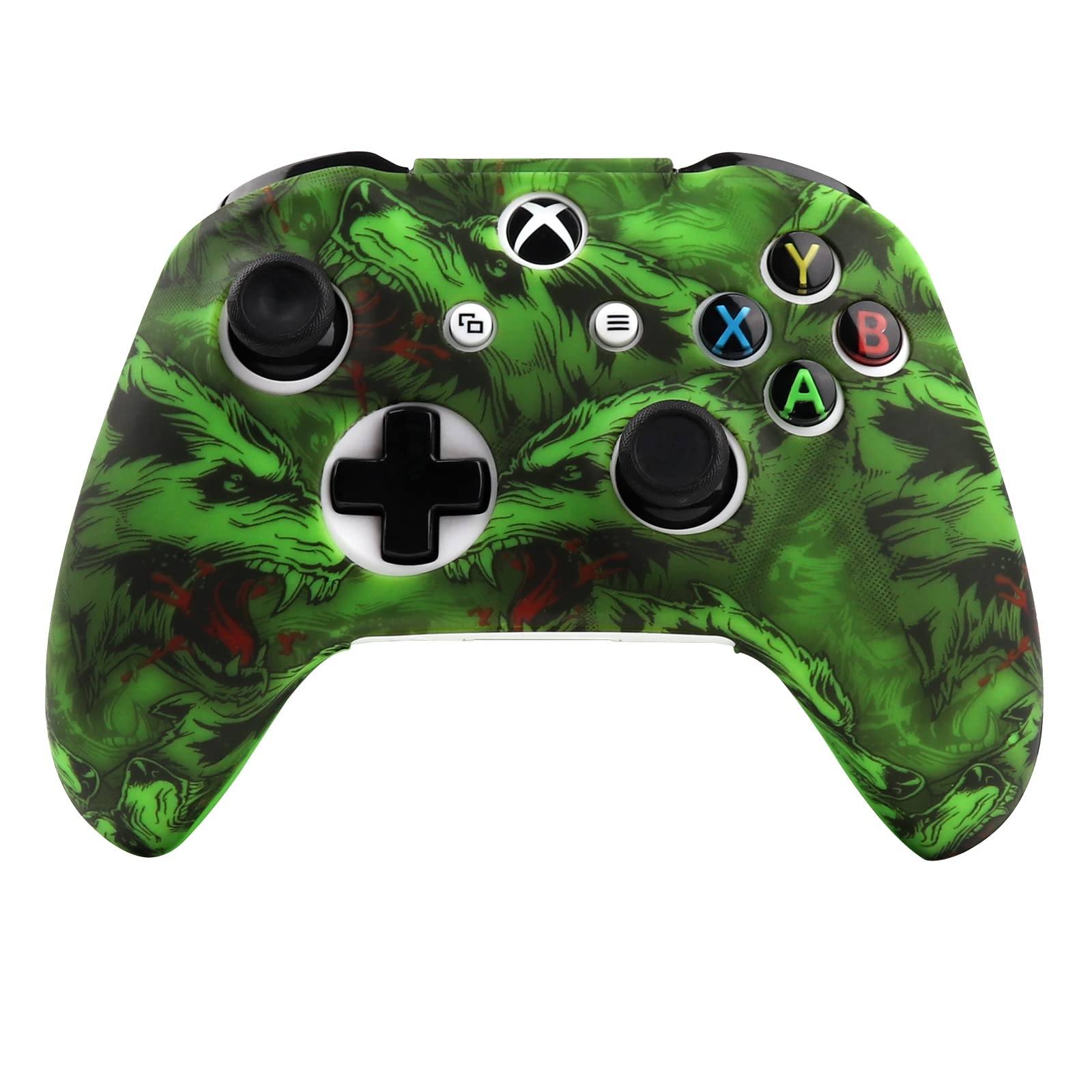 RALAN Anti SlipSilicone Cover Laser Wolf Skin Protective Case for Xbox One S/X Controller.(Black Pro Thumb Grip x 8,Cat + Skull Cap Cover Grip x 2).