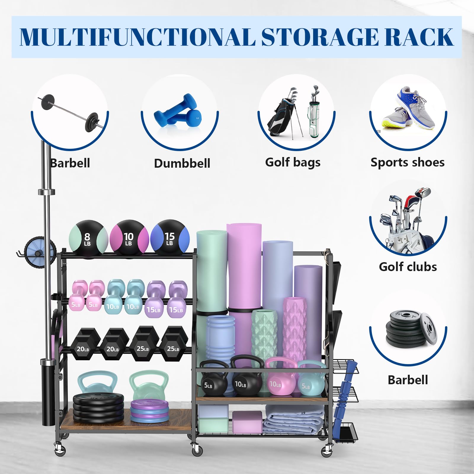 Mythinglogic Home Gym Storage Rack-Yoga Mat Storage Rack for Yoga Strap,Foam Roller and Resistance Bands,Workout Equipment Storage Organizer for Dumbbells Kettlebells