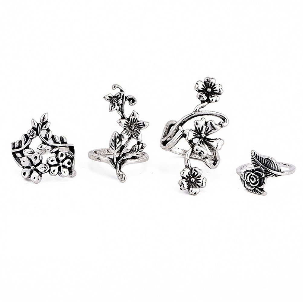 Muised 4Pcs Knuckle Rings Set for Women, Vintage Silver Stack Rings, Knuckle Rings Set Retro Jewelry, Rings Trendy Silver Ring Set Rings for Teen Adult