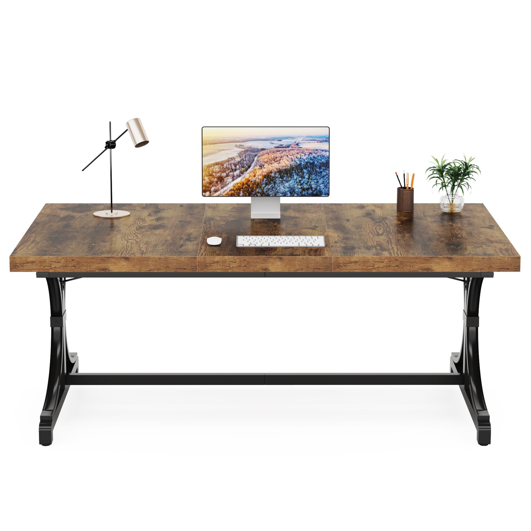 Tribesigns 62.4-Inch Executive Desk, Rectangle Office Computer Desk with Thick Wooden Tabletop and Metal Frame, Study Writing Table Workstation for Home Office, Rustic Brown & Black