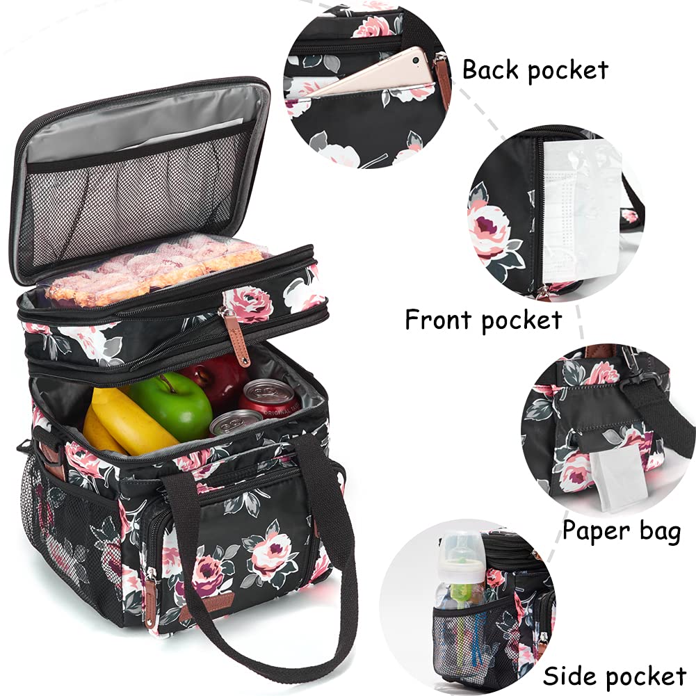 MOV COMPRA Lunch Bag Women Flower Insulated Lunch Box for Work, Expandable Large Lunch Bag, Leakproof Double Deck Lunch Box Cooler Bag with Removable Shoulder Strap(Flower)