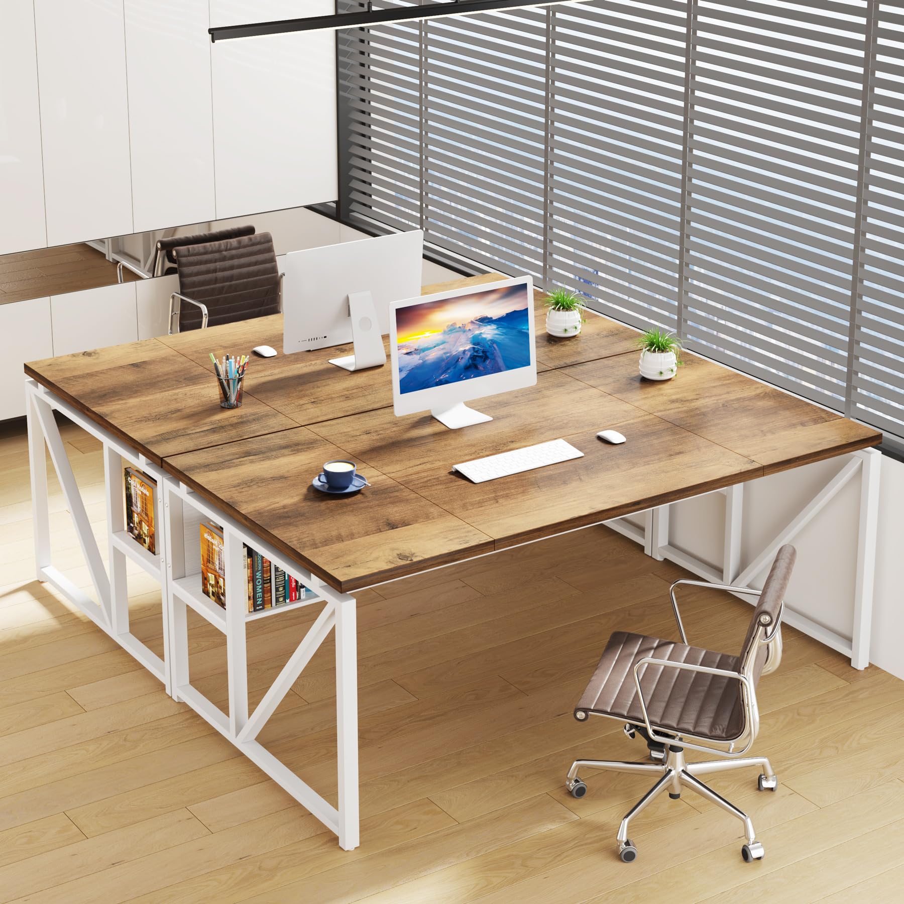 Tribesigns 63 inches Computer Desk with Bottom Storage Shelf Home Office Desk Writing Table for Workstation,Dark Walnut + Steel Leg, Cabinet not Included (Light Walnut, 63-inch-with Shelf)