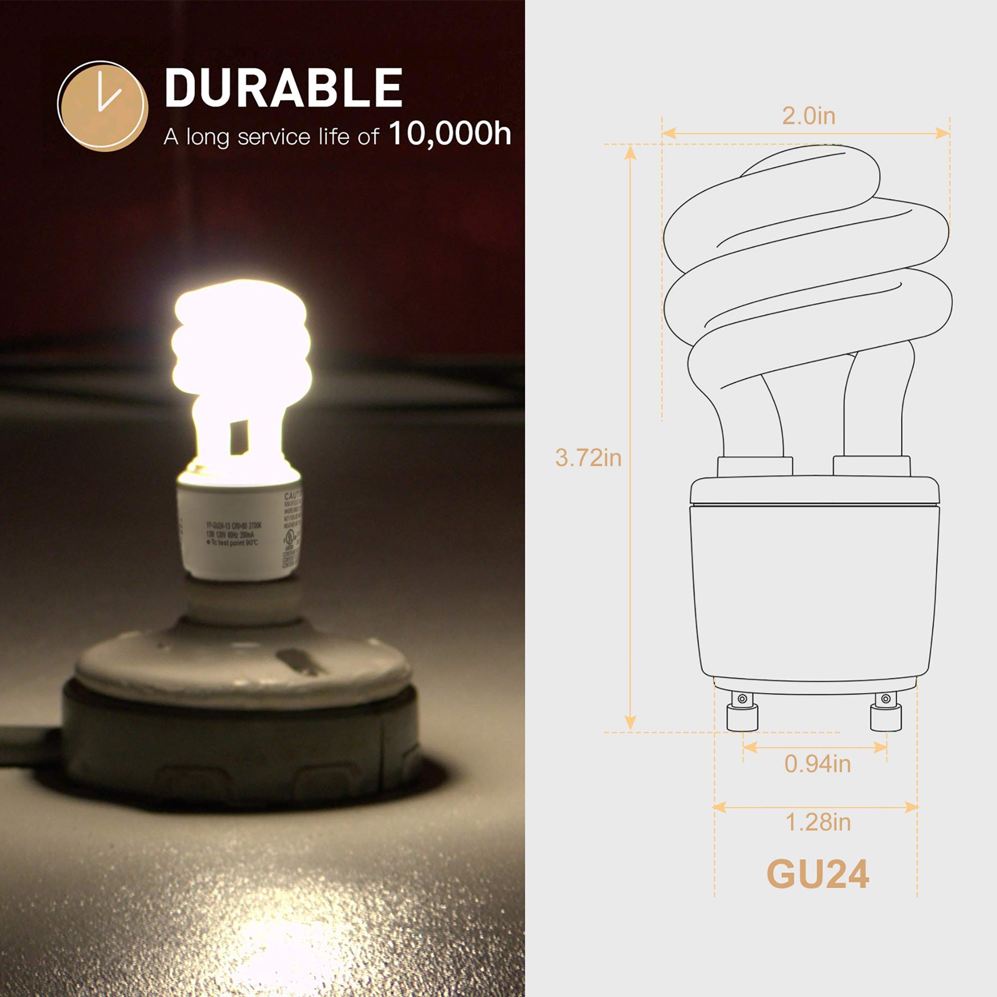 JACKYLED UL-Listed Gu24 CFL Light Bulbs 13w T3 2700K Warm White 900lm Spiral Gu24 Base Energy Efficient Compact Flourescent Bulbs, 6-Pack