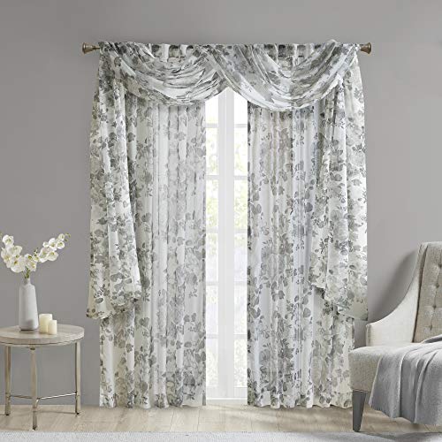 Madison Park Simone Floral Design Sheer Window Curtain Voile Privacy Drape for Bedroom, Livingroom, 42" x 216", Scarf, White