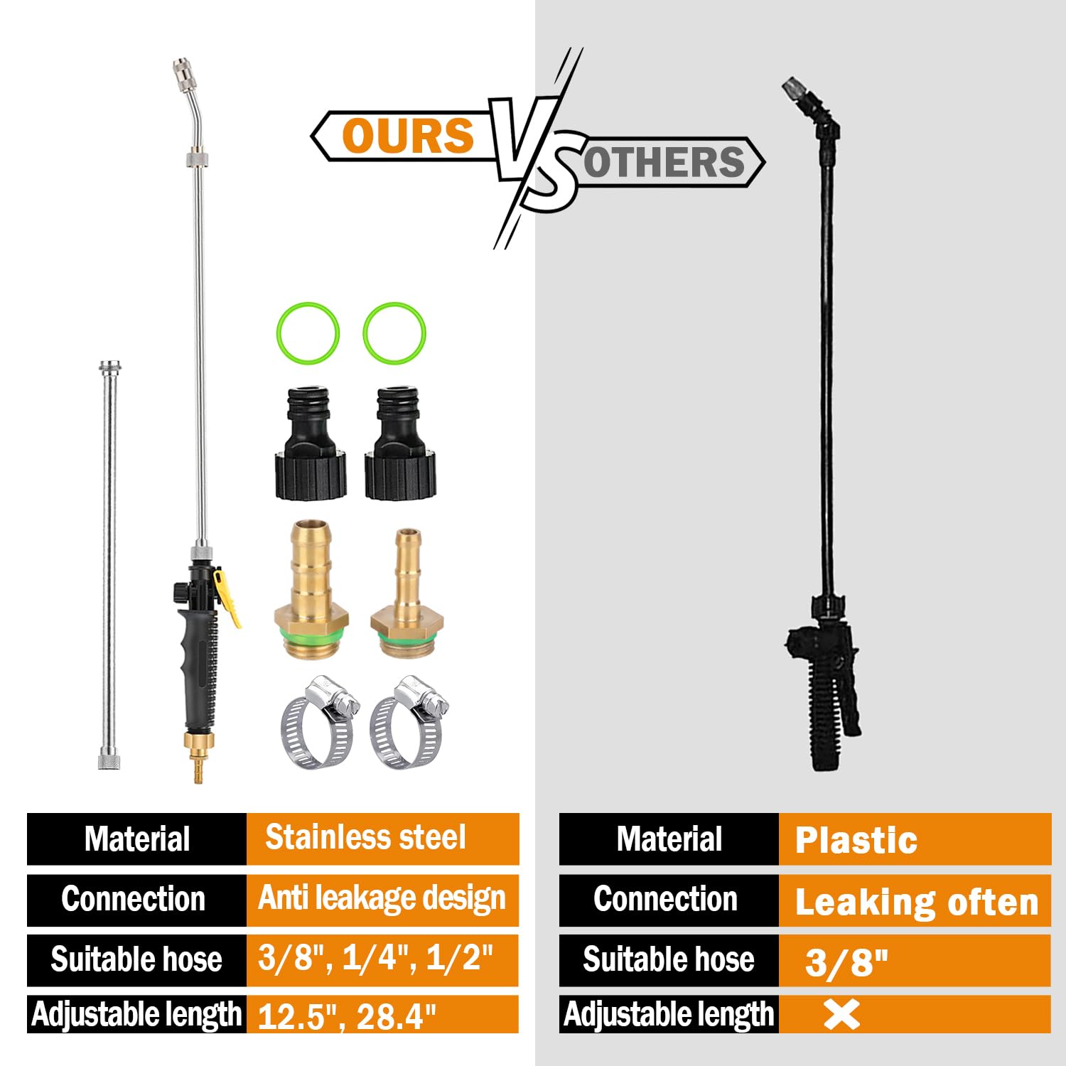 Ramarmro 44" Sprayer Wand, 2 brass barbs match 3/8'' & 1/4'' hoses, Adjustable Stainless Steel Replacement Garden Sprayer Wand with Built-in Shut-Off Valve, w/ 2 Hose Clamps & 2 Hose Connects Yellow