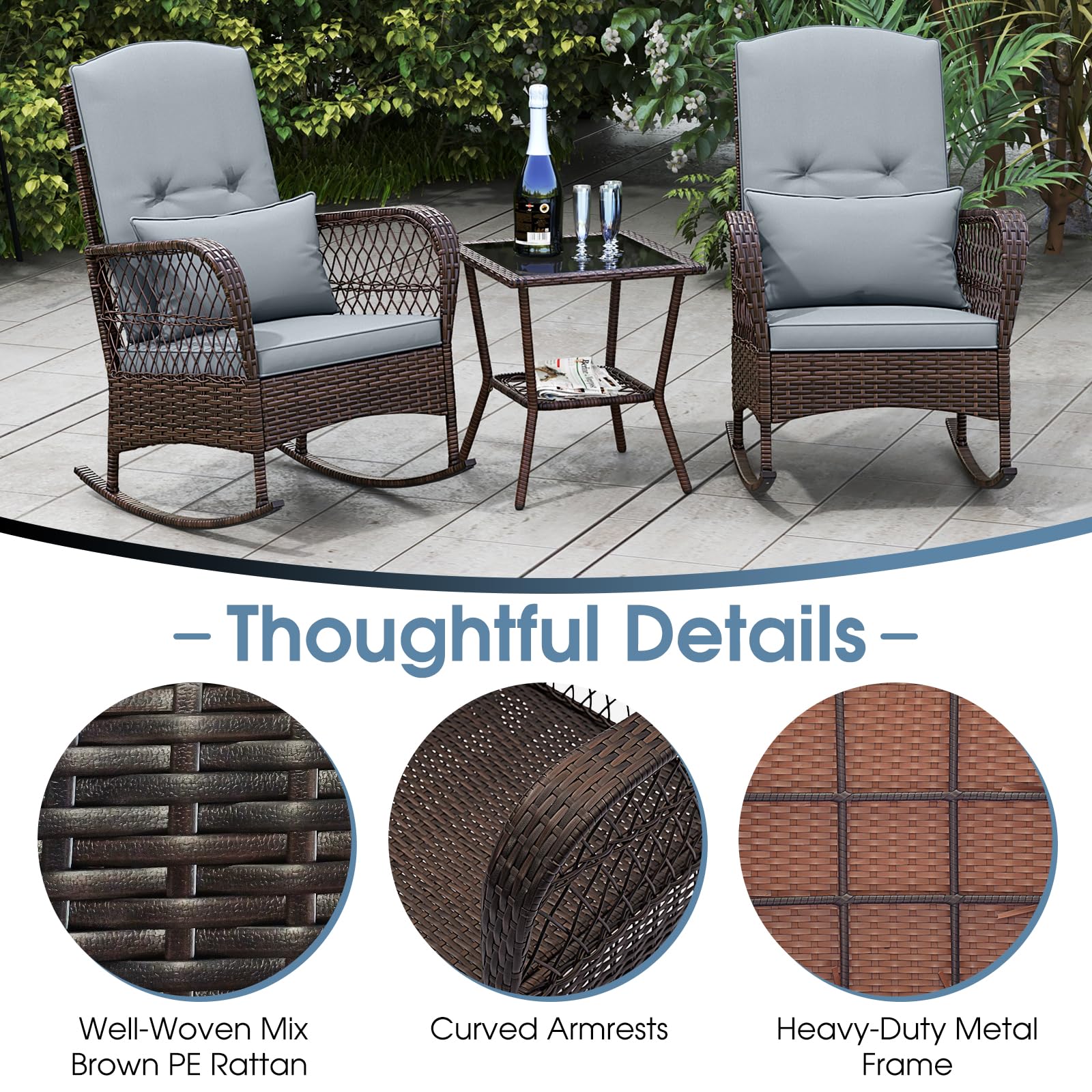Tangkula 3 Piece Patio Rocker Set, Patiojoy Outdoor Wicker Rocking Chairs w/Double-Layer Coffee Table, Rattan Rocker Chair Set w/Seat Back Cushions & Pillows, for Porch, Backyard, Poolside (Grey)